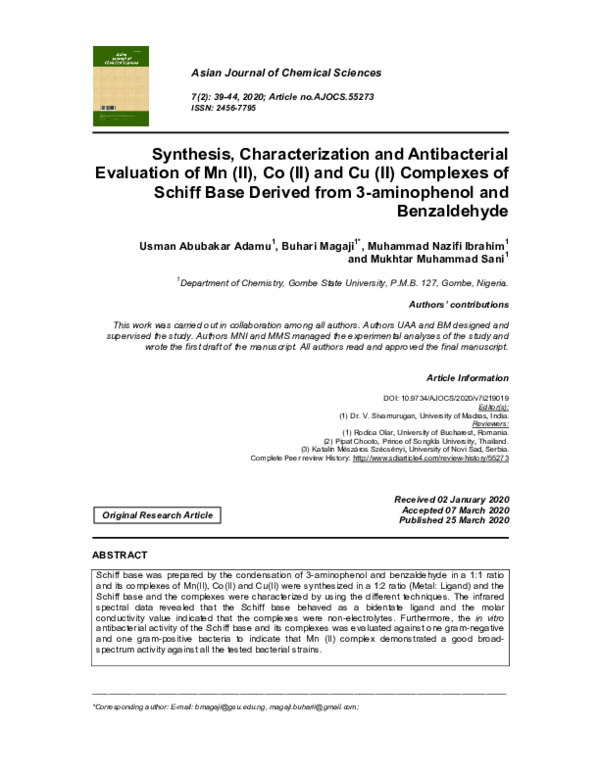 (PDF) Synthesis, characterization and antibacterial activity of Schiff-base