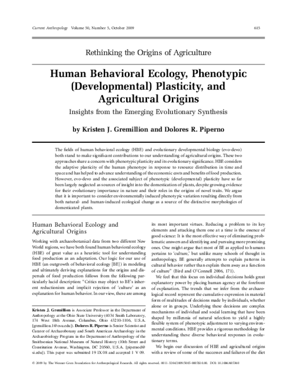 (PDF) Human Behavioral Ecology, Phenotypic (Developmental) Plasticity, and Agricultural Origins ...