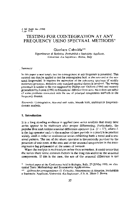 (PDF) Testing for cointegration at any frequency using spectral methods ...