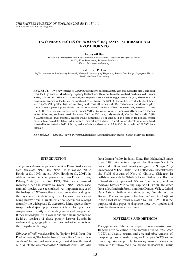 (PDF) Two new species of Dibamus (Squmata: Dibamidae) from Borneo