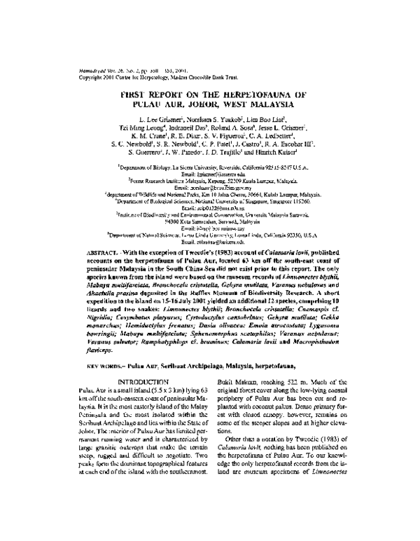 (PDF) First report on the herpetofauna of Pulau Aur, Johor, West Malaysia