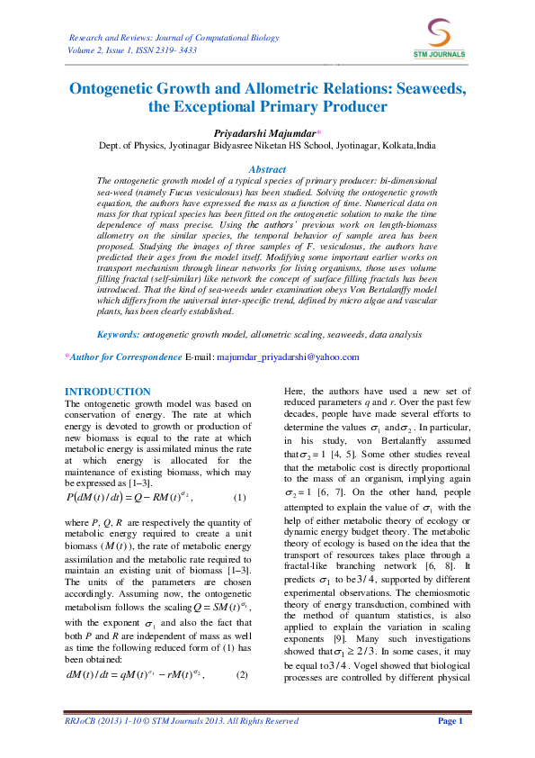 (PDF) Ontogenetic Growth and Allometric Relations: Seaweeds, the Exceptional Primary Producer
