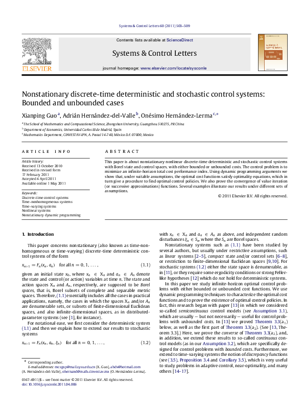 (PDF) Nonstationary discrete-time deterministic and stochastic control systems with infinite horizon