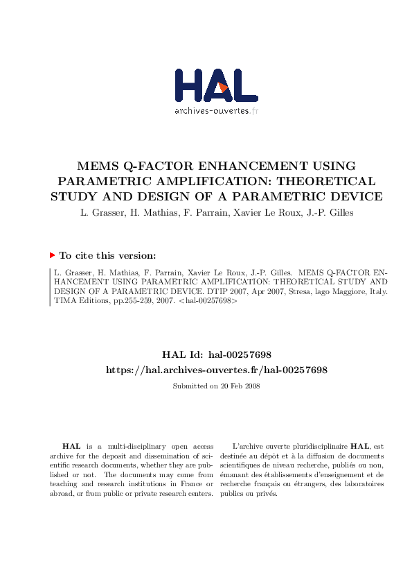 (PDF) Mems Q-Factor Enhancement Using Parametric Amplification: Theoretical Study and Design of ...