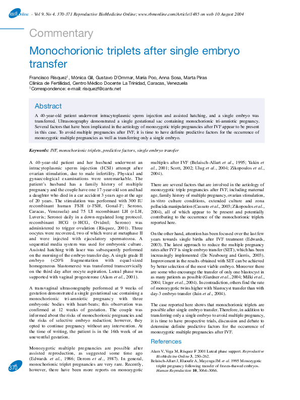 (PDF) Monochorionic triplets after single embryo transfer