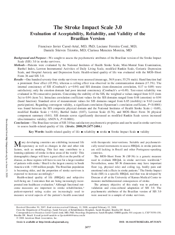(PDF) The Stroke Impact Scale 3.0: Evaluation of Acceptability ...