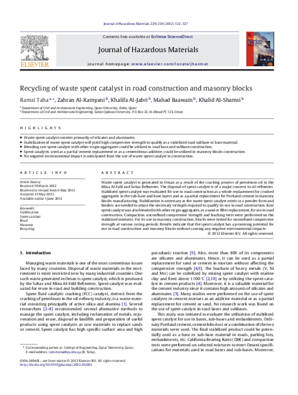 (PDF) Recycling of waste spent catalyst in road construction and ...