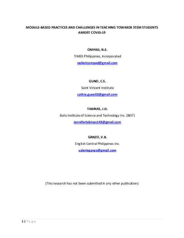(PDF) MODULE-BASED PRACTICES AND CHALLENGES IN TEACHING TOWARDS STEM ...