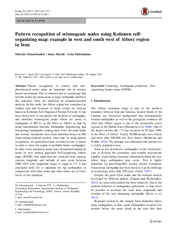 (PDF) Pattern recognition of seismogenic nodes using Kohonen self-organizing map: example in ...