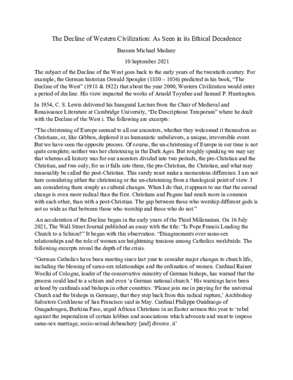 (DOC) The Decline of Western Civilization: As Seen in its Ethical Decadence
