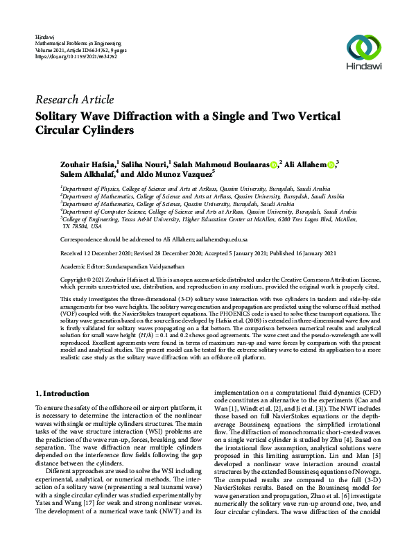 (PDF) Solitary Wave Diffraction with a Single and Two Vertical Circular Cylinders