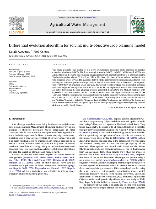 (PDF) Differential evolution algorithm for solving multi-objective crop planning model