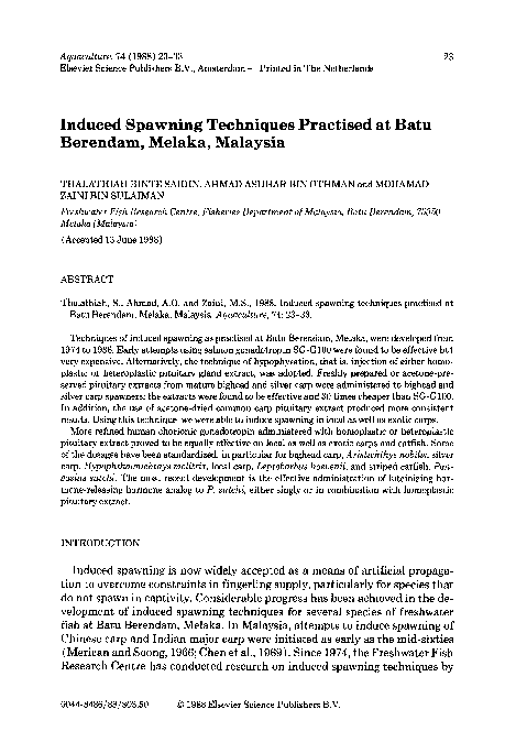 Induced Spawning Techniques Practised at Batu Berendam, Melaka, Malaysia