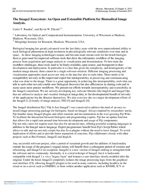 (PDF) The ImageJ Ecosystem: An Open and Extensible Platform for Biomedical Image Analysis