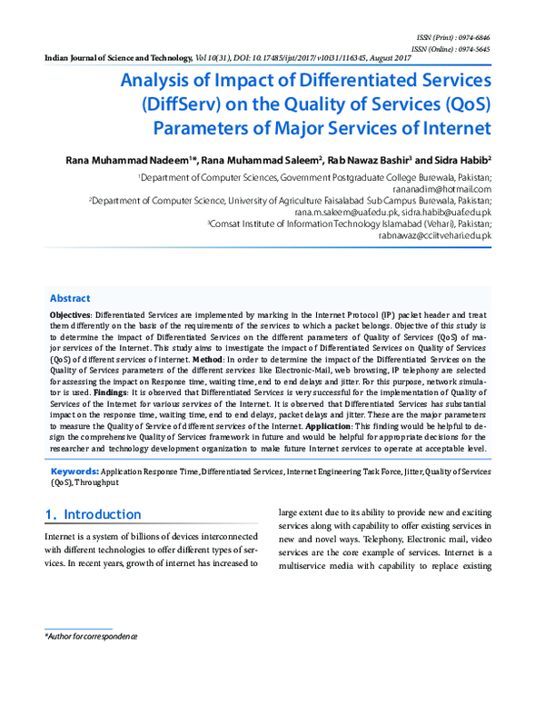 (PDF) Analysis of Impact of Differentiated Services (DiffServ) on the Quality of Services (QoS ...