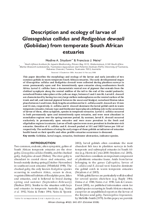 (PDF) Description and ecology of larvae of Glossogobius callidus and ...
