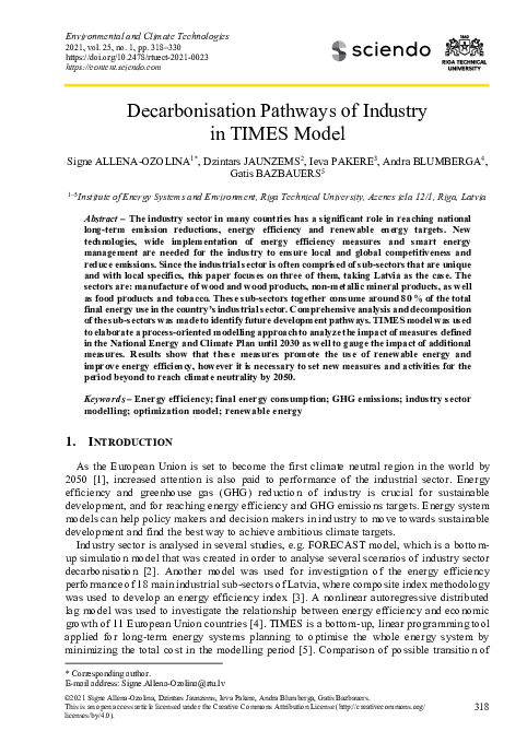 (PDF) Decarbonisation Pathways of Industry in TIMES Model