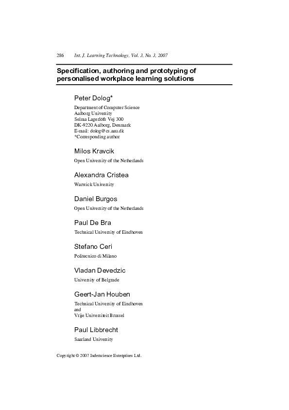 (PDF) Specification, authoring and prototyping of personalised workplace learning solutions