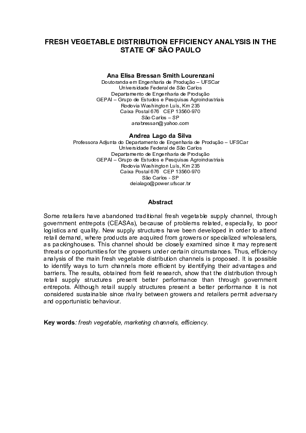(PDF) Fresh Vegetable Distribution Efficiency Analysis in the State of ...