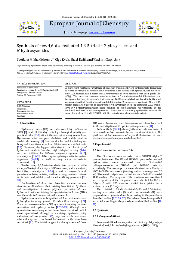 (PDF) Synthesis of new 4,6-disubstituted-1,3-5-triazin-2-yloxy esters and N-hydroxyamides