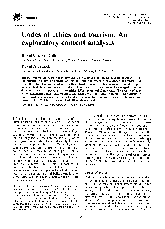 (PDF) Codes of ethics and tourism: An exploratory content analysis