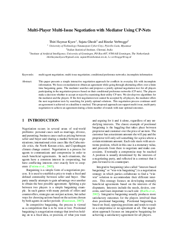 (PDF) Multi-player Multi-issue Negotiation with Mediator using CP-nets