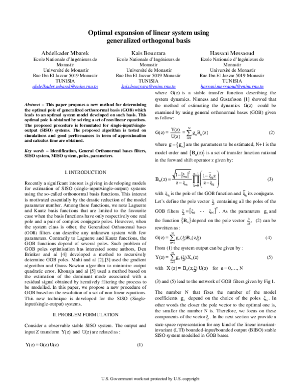 (PDF) Optimal expansion of linear system using generalized orthogonal basis