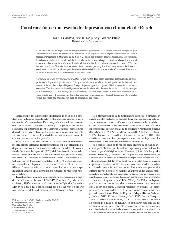 (PDF) Construcción de una escala de depresión con el modelo de Rasch
