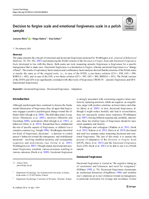 (PDF) Decision to forgive scale and emotional forgiveness scale in a ...