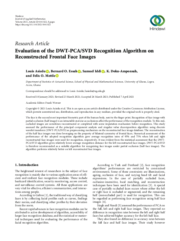 Pdf Evaluation Of The Dwt Pca Svd Recognition Algorithm On