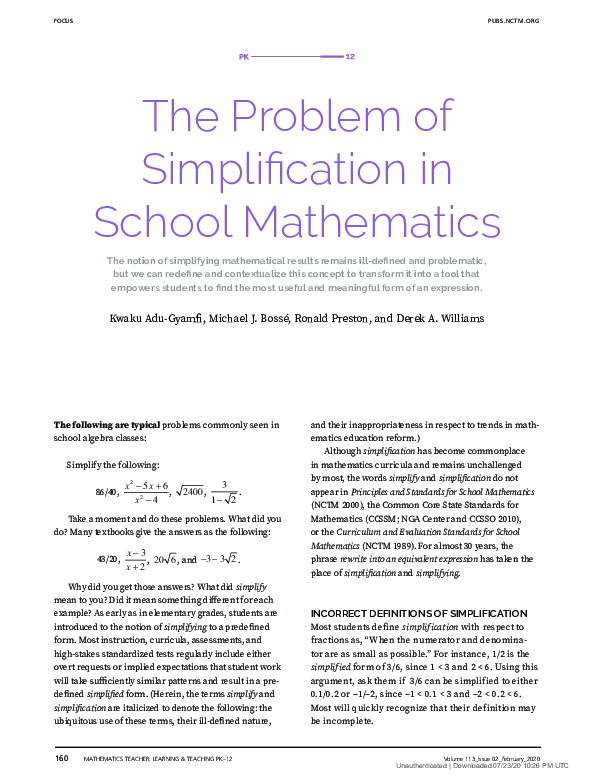 (PDF) The Problem of Simplification in School Mathematics