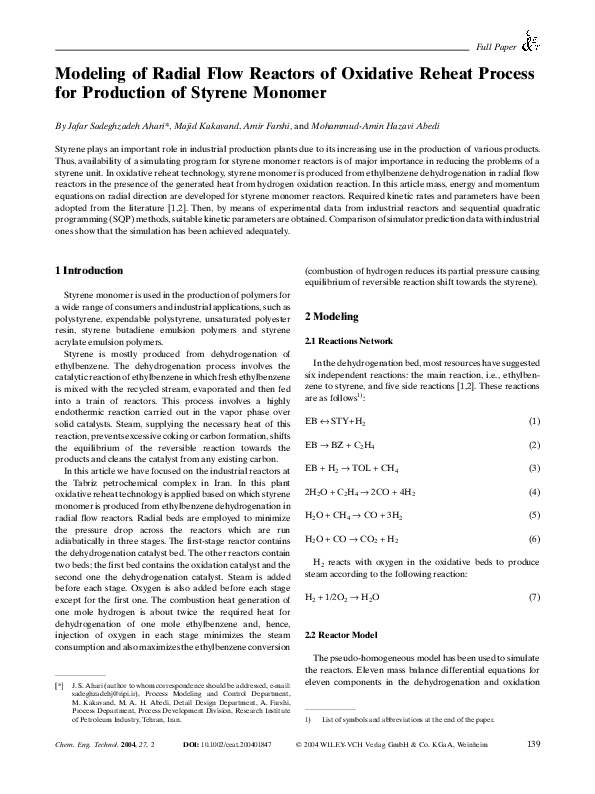 (PDF) Modeling of Radial Flow Reactors of Oxidative Reheat Process for Production of Styrene Monomer