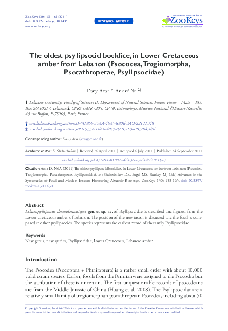 (PDF) The oldest psyllipsocid booklice, in Lower Cretaceous amber from ...