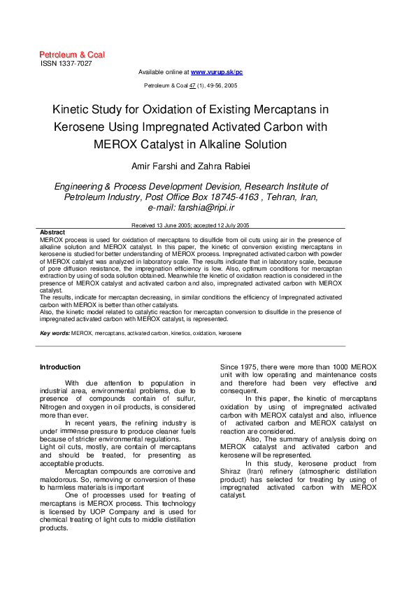 (PDF) Kinetic Study for Oxidation of Existing Mercaptans in Kerosene ...