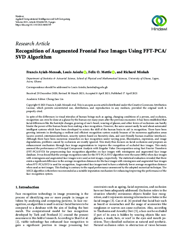 (PDF) Recognition of Augmented Frontal Face Images Using FFT-PCA/ SVD Algorithm