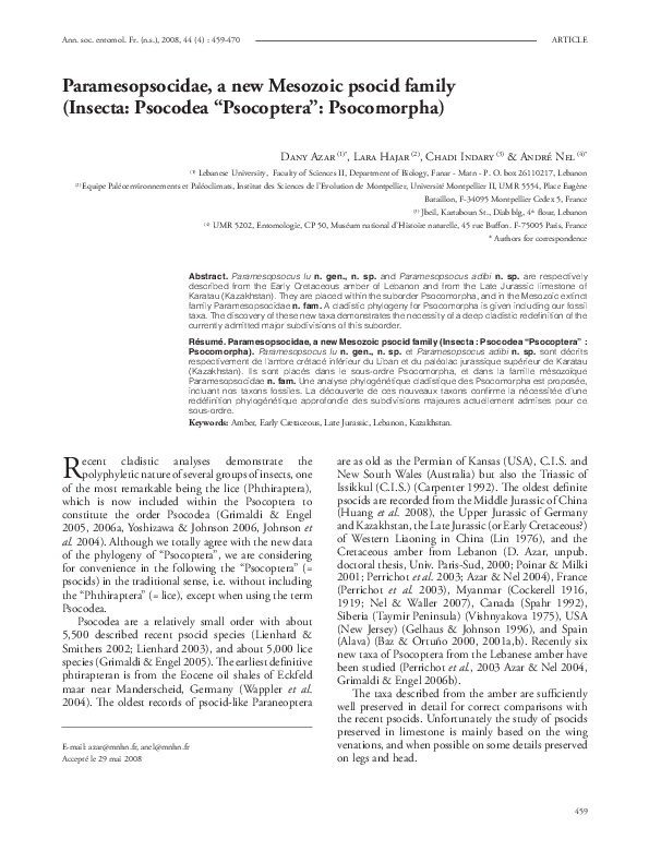 (PDF) Paramesopsocidae, a new Mesozoic psocid family (Insecta: Psocodea ...