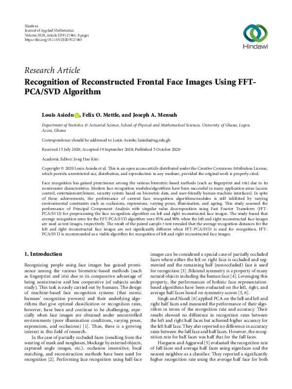 Pdf Recognition Of Reconstructed Frontal Face Images Using Fft Pca Svd Algorithm Louis