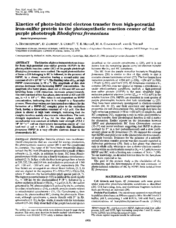 (PDF) Kinetics of photo-induced electron transfer from high-potential ...