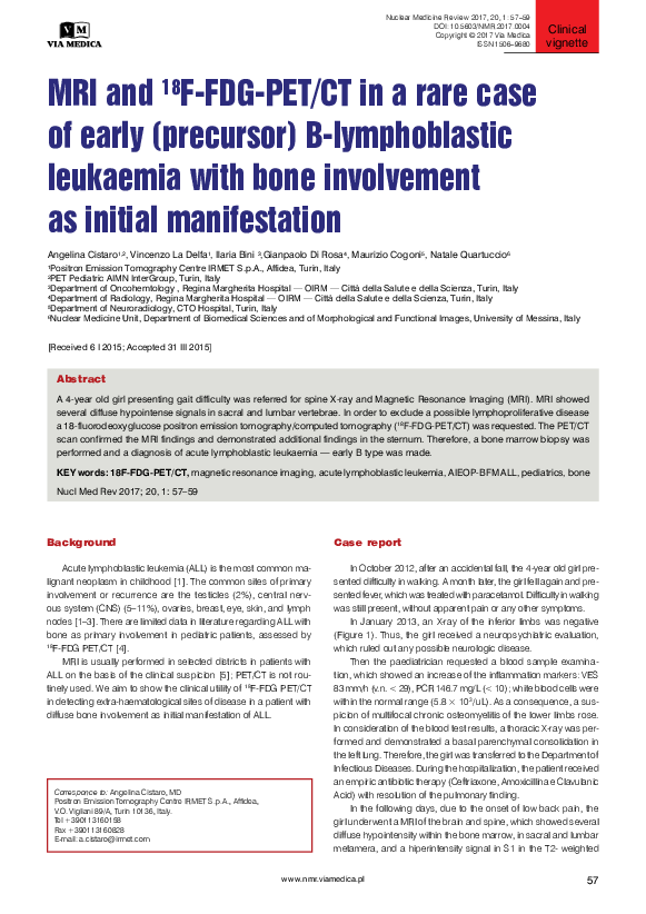 (PDF) MRI and 18F-FDG-PET/CT in a rare case of early (precursor) B ...