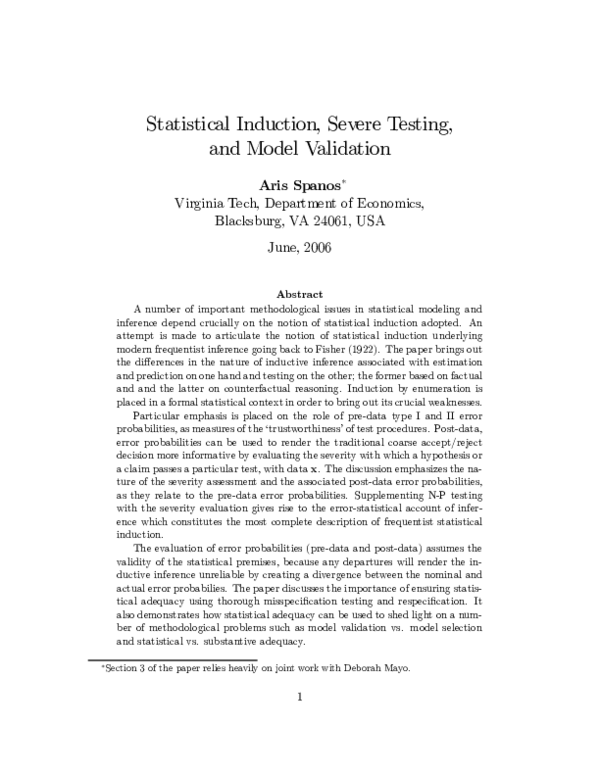 (PDF) Statistical Induction, Severe Testing, and Model Validation