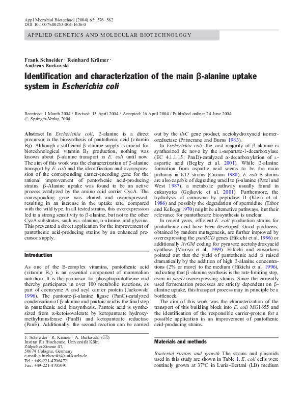 (PDF) Identification and characterization of the main ?-alanine uptake ...
