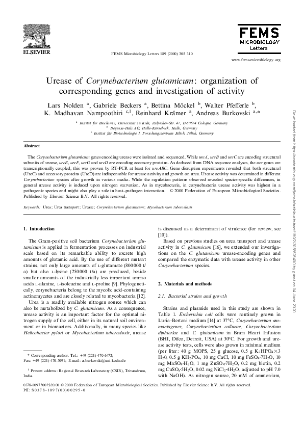 (PDF) Urease of Corynebacterium glutamicum : organization of ...