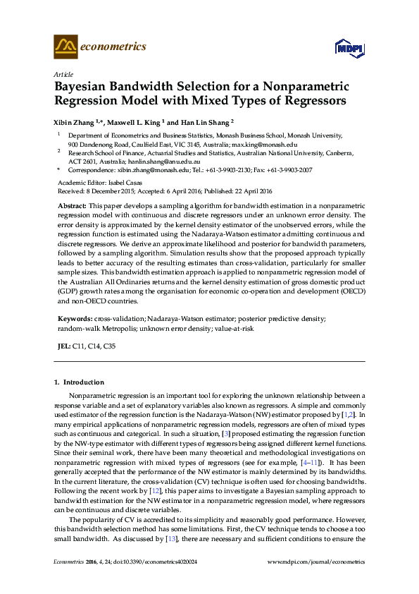 (PDF) Bayesian bandwidth selection for a nonparametric regession model with mixed types of ...