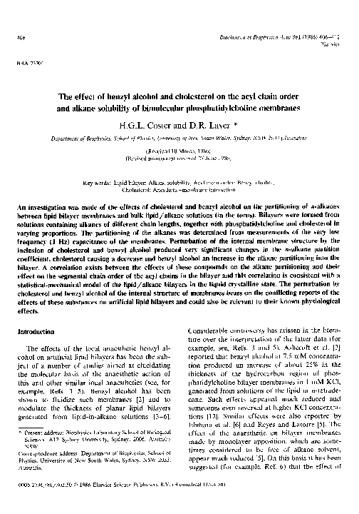 (PDF) The effect of benzyl alcohol and cholesterol on the acyl chain ...