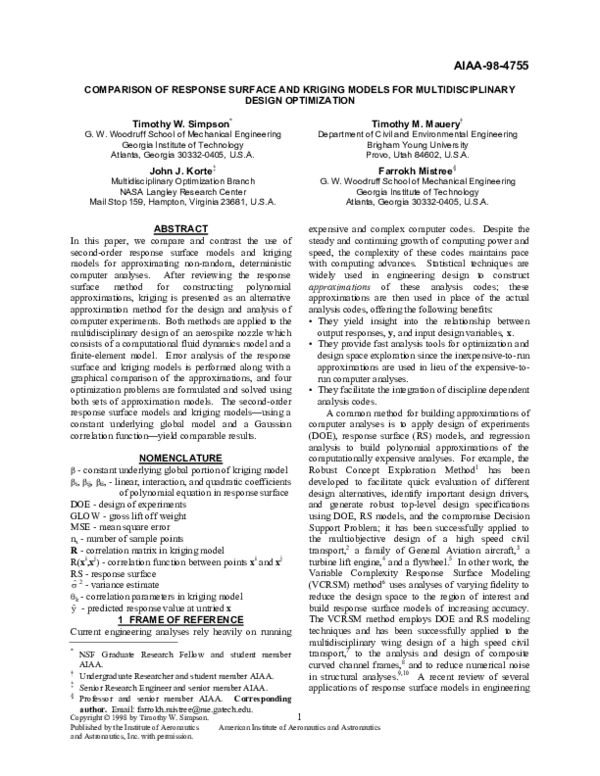(PDF) Comparison of response surface and kriging models for multidisciplinary design optimization