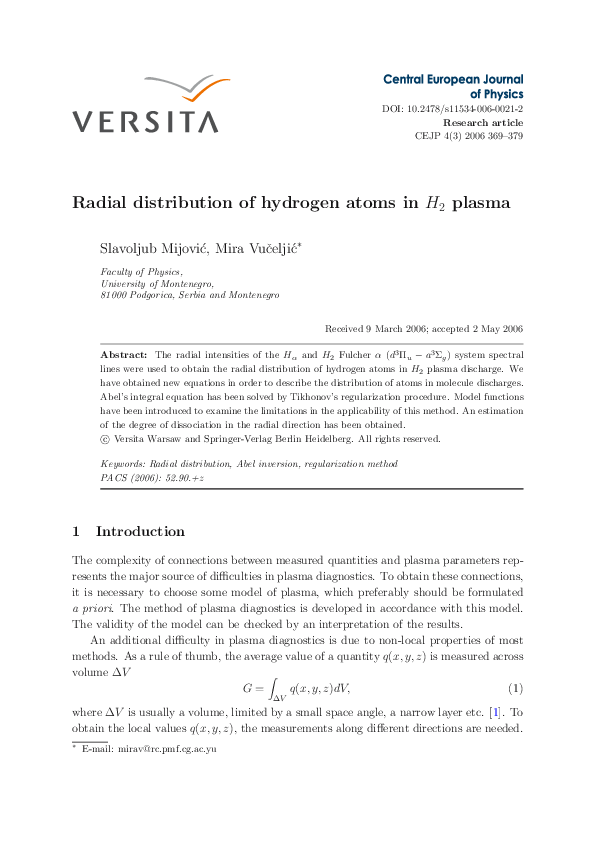 (PDF) Radial distribution of hydrogen atoms in H 2 plasma