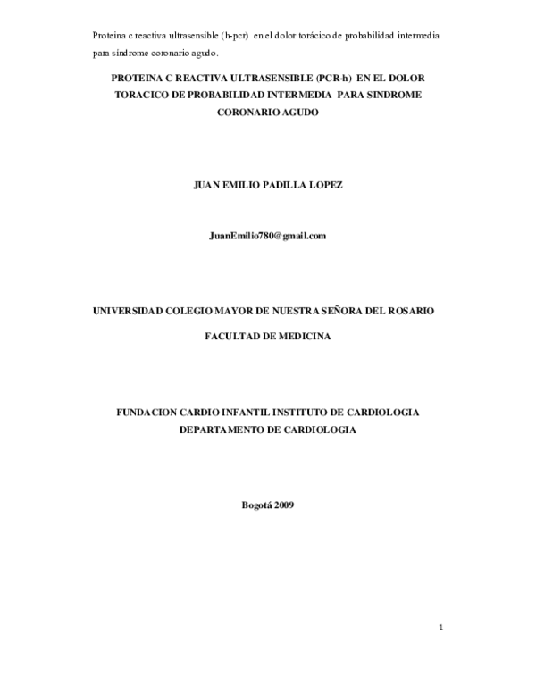 (PDF) PROTEINA C REACTIVA ULTRASENSIBLE (PCR-h) EN EL DOLOR TORACICO DE ...