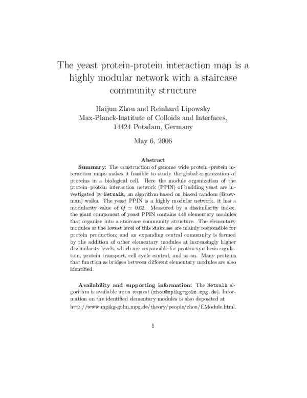 (PDF) The yeast protein-protein interaction map is a highly modular network with a staircase ...