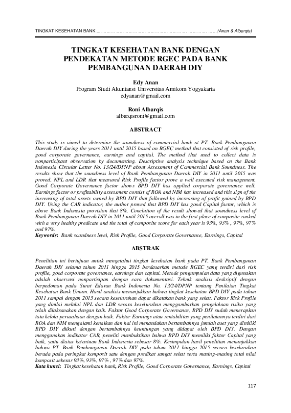 (PDF) Tingkat Kesehatan Bank Dengan Pendekatan Metode Rgec Pada Bank Pembangunan Daerah Diy