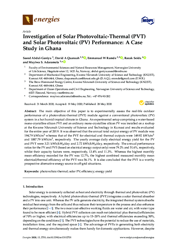 (PDF) Investigation of Solar Photovoltaic-Thermal (PVT) and Solar ...